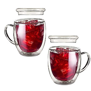2 Pack -12 oz Clear Double Wall Glass Coffee Mug with Lid | Insulated Heat Proof Glass Tea Cup Mug with Handle | Perfect for Cappuccino Tea Latte Hot Beverage Wine Microwave Safe