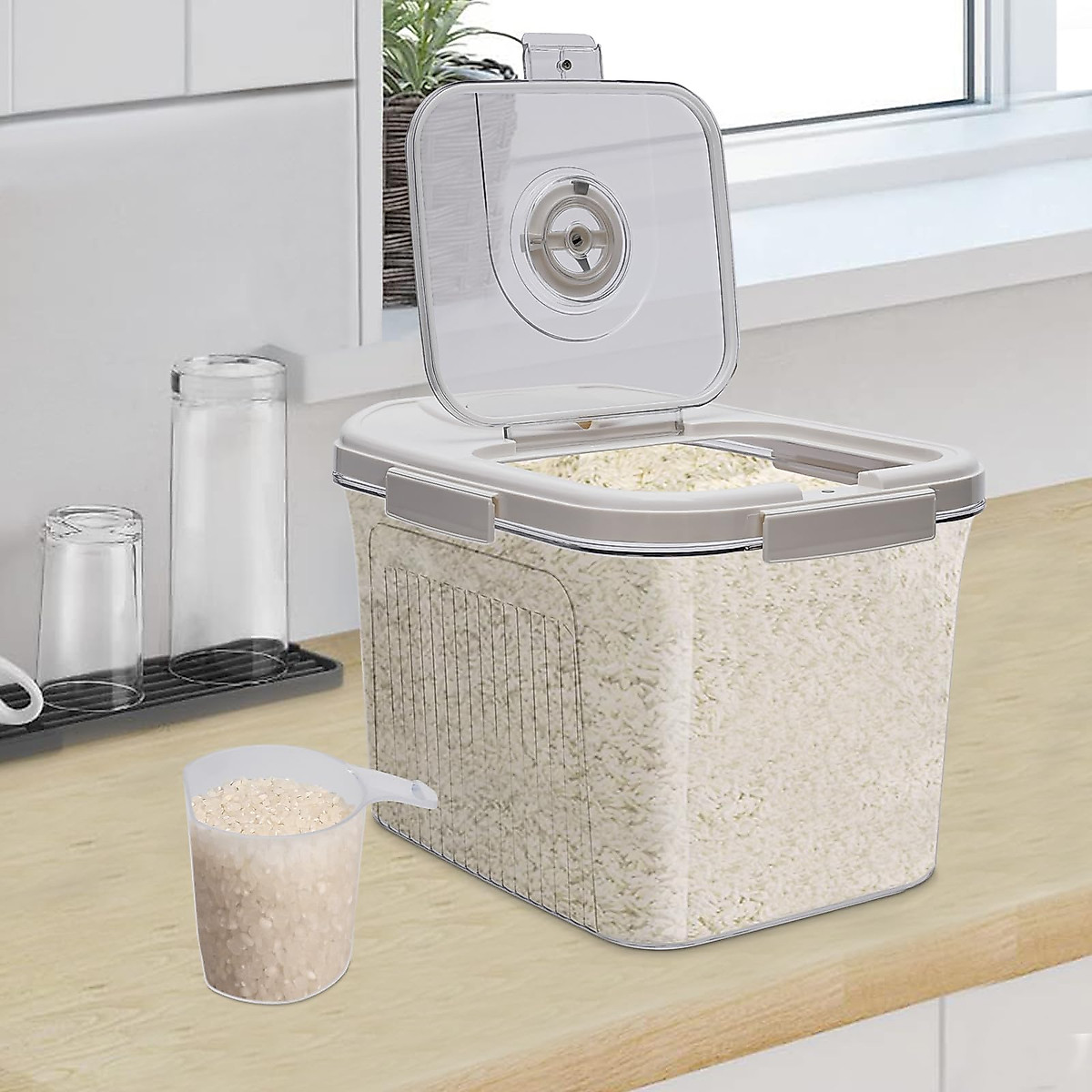 ZXTINGSHOP Food Containers, Plastic Grain Storage Container with Lid and Timer, Food Storage Bins Airtight Kitchen Storage Containers with Measuring Cup (white-L)