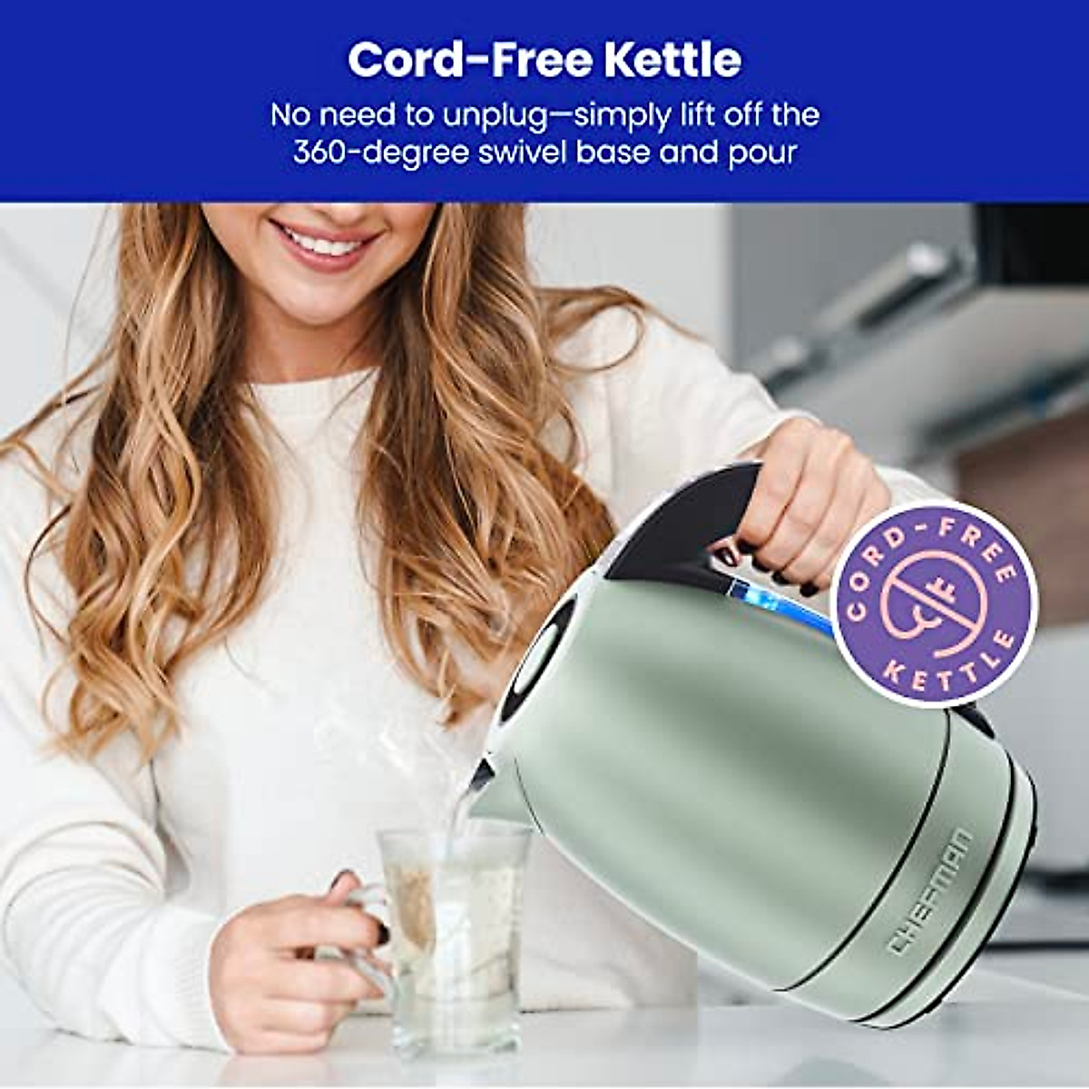 Chefman Electric Tea Kettle, 1.8 Liter Hot Water Electric Kettle Temperature Control Water Boiler with 5 Presets, Tri-Colored LED Lights, Keep Warm, Automatic Shutoff, Green