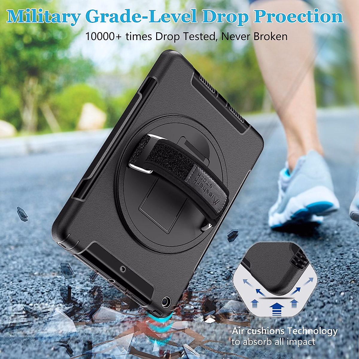 Case for iPad 6th/5th Generation: Protective TPU Cover for iPad 9.7 (2018/2017) & iPad Air 2 9.7" with Screen Protector- Stand- Handle- Shoulder Strap-Pencil Holder- Black