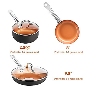 SHINEURI 5 Pieces Copper Cookware Copper Pans and Pot Nonstick Pot and Pans Copper Nonstick Cookware, Ceramic Pot and Pans, Copper Pot - 8 inch Pan, 9.5 inch Frying Pan and 2.5 qt Pot with Lid