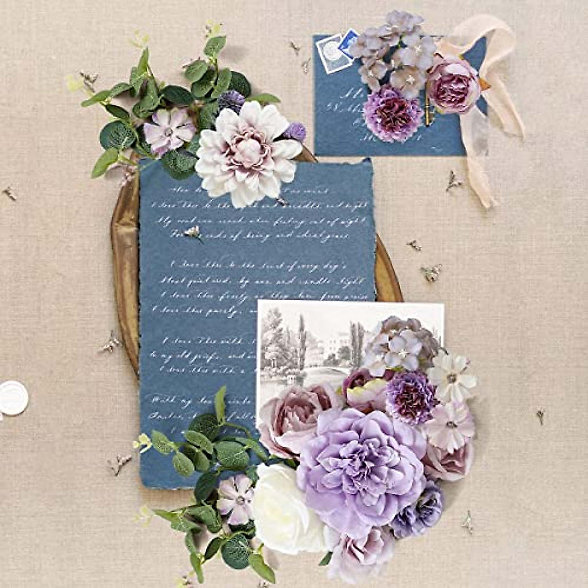 Kisflower Purple Artificial Flowers Combo Cake Flowers Decorations Fake Peony Silk Roses Gift Box for DIY Wedding Bridal Bouquet Centerpieces Arrangements Party Baby Shower Holiday Decor (Purple)