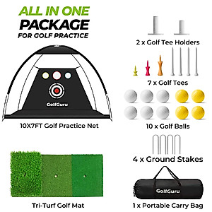 Golfguru Golf Net, 10x7ft All in 1 Golf Practice Net with XL Tri-Turf Golf Mat, Impact Target, 10 Golf Balls, 7 Golf Tees, 2 Rubber Golf Tees, Carry Bag, Golf Net for Backyard Driving Chipping Indoor