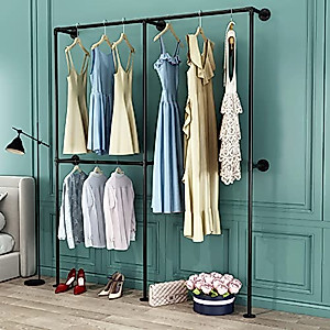 DR.IRON Industrial Pipe Clothing Racks with Double Bar, Industrial Black Clothes Racks Wall Mounted, Heavy Duty Closet Rods for Hanging Clothes Organizer Storage