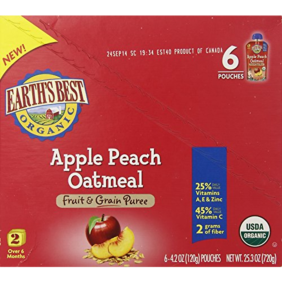 Earth's Best Organic Stage 2, Apple, Peach & Oatmeal, 4.2 Ounce Pouch (Pack of 6)