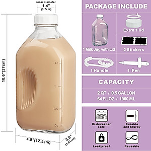 2 Qt Glass Milk Bottle with Reusable Strong Airtight SCREW LID, 64 Oz Glass Juice Bottles for Almond Milk, Oat Milk - 0.5 Gal Glass Water Bottle with 2 Exact Scale Lines, Extra Handle AND Cap！