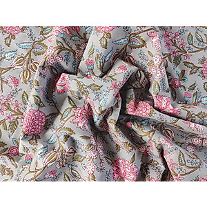 Craftbot Hand Block Print Fabric by The Yard - PRECUT 3 Yards 42 inch Width 100% Cotton Material Grey Floral Pattern Light Weight Indian Cloth for Making Kurti Summer Dress Salwar Kameez, and Pink
