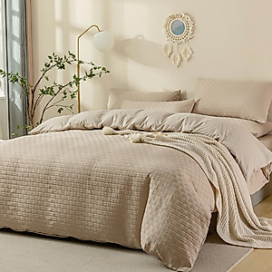 JELLYMONI Khaki Duvet Cover Full Size - 3 Pieces Soft and Breathable Microfiber Knitted Jacquard Waffle Weave Striped Comforter Cover with 8 Corner Ties & Zipper Closure