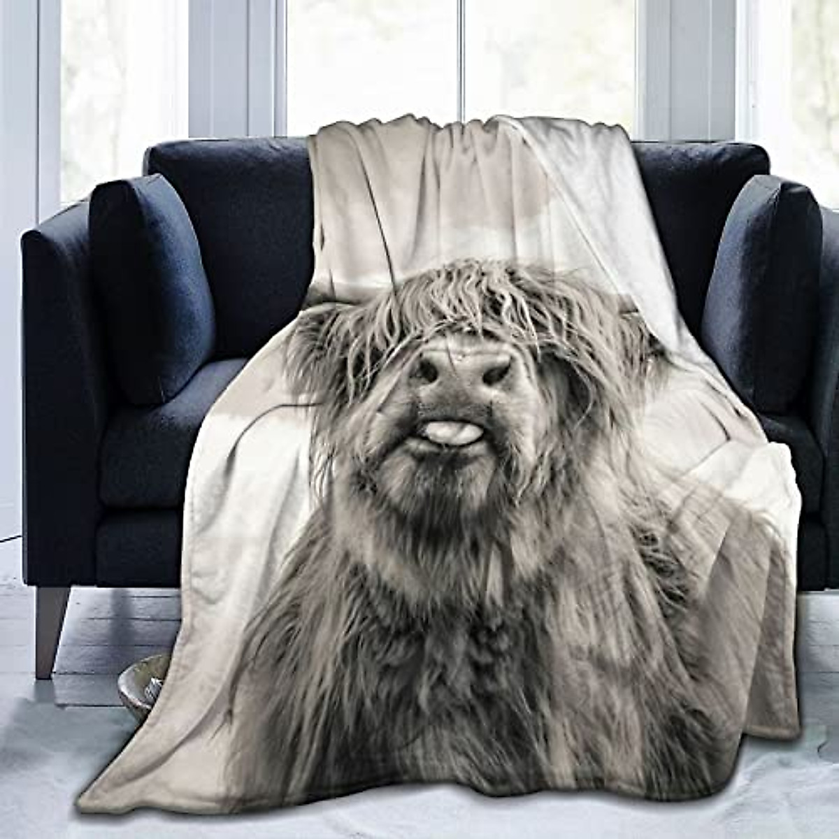 Billichase Highland Cow Blanket Portrait of Cow Pattern Flannel Fleece Throw Blanket Scotland Scottish Horns Bull Cattle Blankets for All Seasons for Couch Bed Sofa 50 X 40 Inches