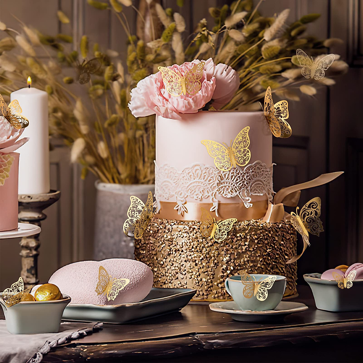 Gold Butterfly Decorations Party 3D Butterfly Wall Decor Stickers, 48Pcs 4 Styles 3 Sizes, Butterfly Cake Decorations Paper Butterflies Wall Decals for Kids Baby Nursery Bedroom Room Decor Birthday