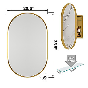 Yozma 20x34 Inch Oval Recessed Medicine Cabinet with Mirror, Metal Framed Bathroom Wall Mounted Cabinet Organizer with Mirror and Adjustable Shelves, Wall Mirror with Storage for Bathroom, Matte Gold