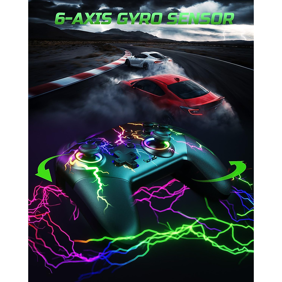 Switch Controller Compatible with Switch/Switch Lite/Switch OLED/Windows/iOS/Android, RGB Lightning Programmable 1000mAh Wireless Switch Pro Controller with One Key Pairing Wake Up Turbo Vibration