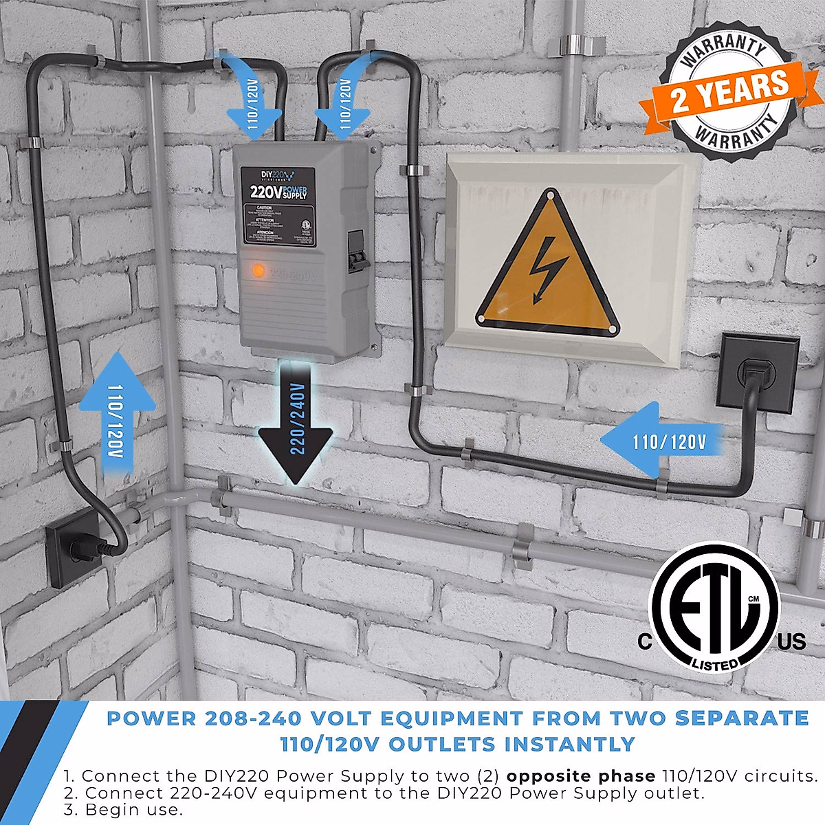 K KRIËGER DIY220 Quick Connect 220V Power Supply, Power 208-240 Volts from Two Separate 110/120V AC Circuits, 220V 15A AC Output Outlet with GFCI Outlet Circuit Tester