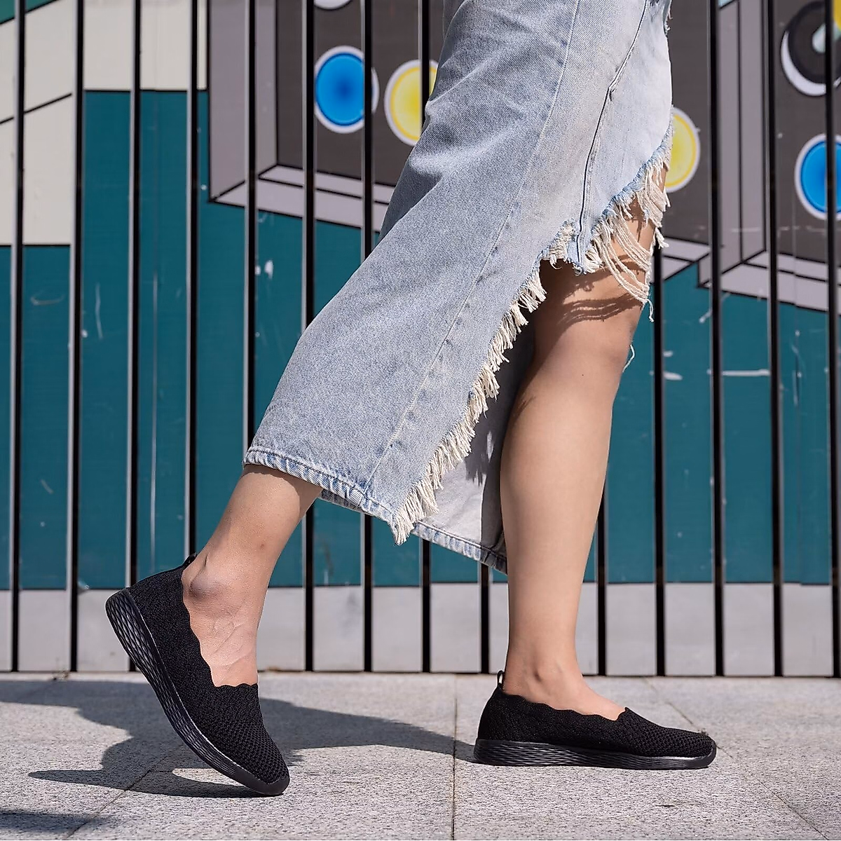 Puxowe Women's Slip on Wide Walking Flat Shoes-Comfortable Low-Top Knit Width Loafer Sneaker All BlackSize 8 US