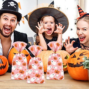 JarThenaAMCS 100Pcs Halloween Boo Cellophane Treat Bags with Twist Ties Ghost Pumpkin Plastic Gift Bags Pink Candy Goodie Bags for Party Snacks Cookies Packing Supplies