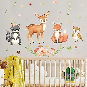 Supzone Woodland Animal Wall Decals Cartoon Animal Wall Stickers Cute Raccoon Deer Fox Owl Forest Animal Wall Decal for Kids Baby Nursery Playroom Bedroom Wall Decor