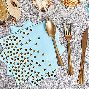 210 Piece Golden Dot Dinnerware Set 30 Guest - 60 Blue Paper Plates,30 Gold Plastic Silverware,30 Paper Cups,30 Paper Napkins, FOCUSLINE Disposable Party Dinnerware for Graduation Birthday Wedding