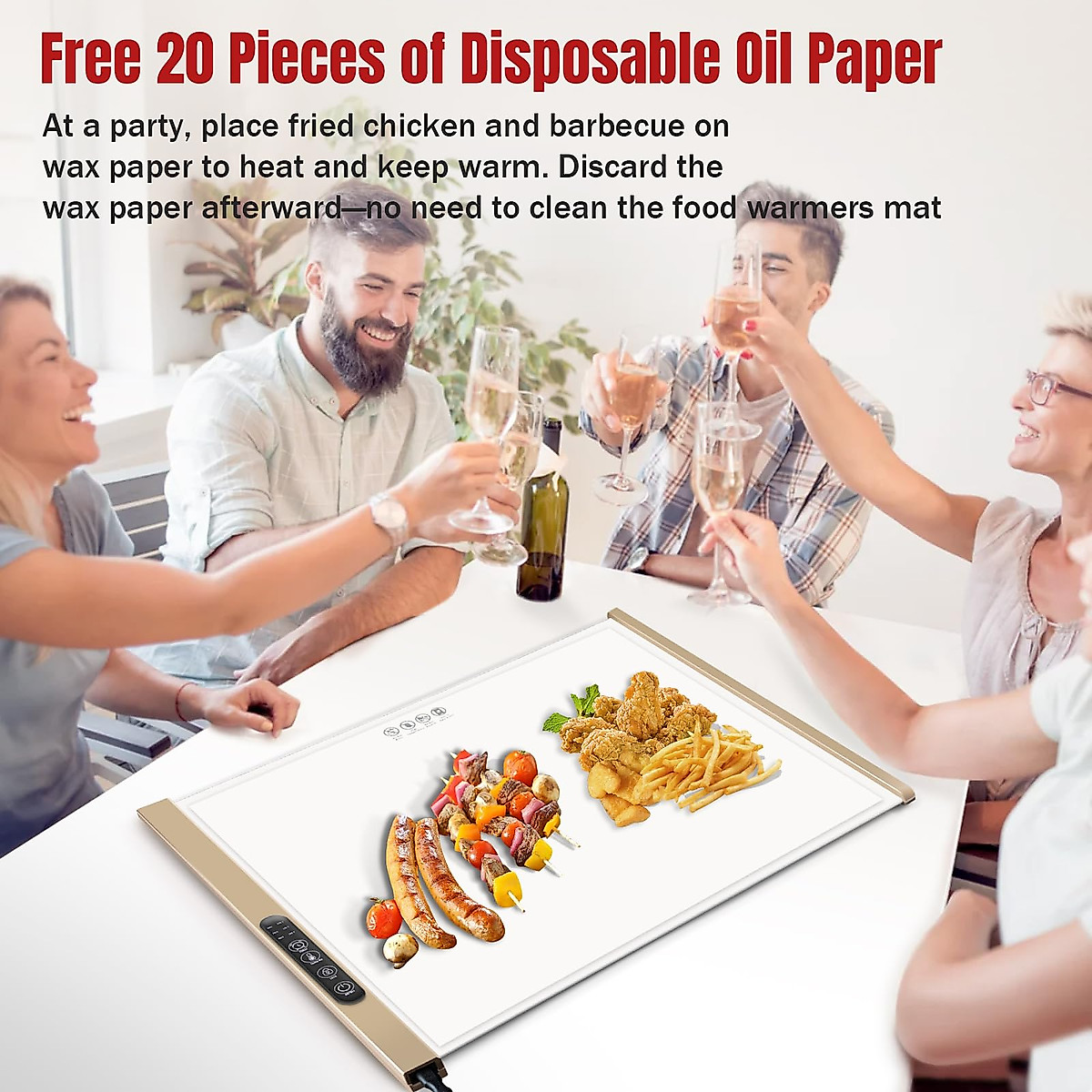 Silicone Food Warming Mat, Portable Electric Heating Tray with 3 Adjustable Temperature Settings Safety Lock Kitchen Warmer Mat Roll Up Family Party Indoor Outdoor Camping Thanksgiving