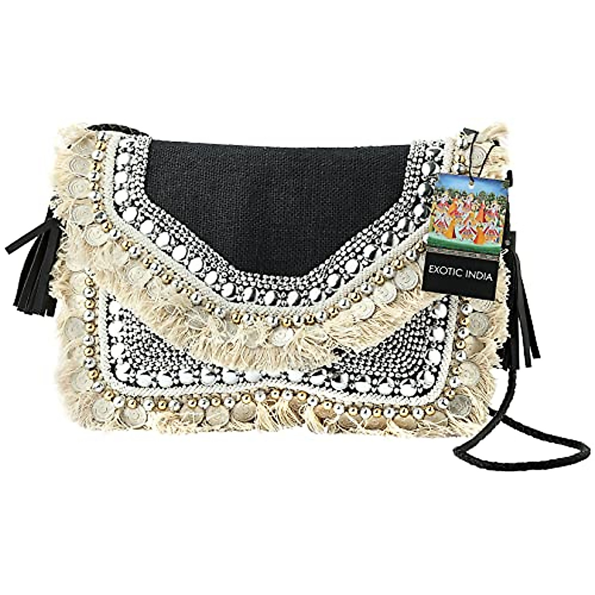 Exotic India Sustainable Jute Sling/Shoulder/Cross-Body Boho Handmade Bag with Cotton Banjara Tassels, Beads and Coins - Color Jet Black