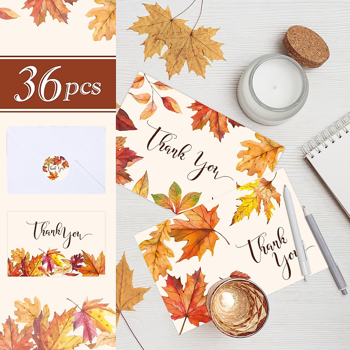 Whaline 36 Pack Fall Leaves Thank You Cards Watercolor Autumn Greeting Cards with Envelope Stickers Maple Leaf Blank Note Cards for Thanksgiving Holiday Wedding Birthday Party