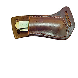 Custom Right-hand Cross Draw Trapper Style Folding Knife Sheath. Made Out of 10 Ounce Buffalo Hide Leather. Dyed Light Brown Sheath Only Knife Not Included.