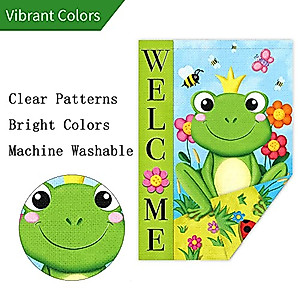 Louise Maelys Welcome Spring Summer Frog Garden Flags, Burlap Small Hello Summer Garden Yard House Flag Banner for Outside 12x18 Double Sided Vertical Seasonal Outdoor Decoration (ONLY FLAG)