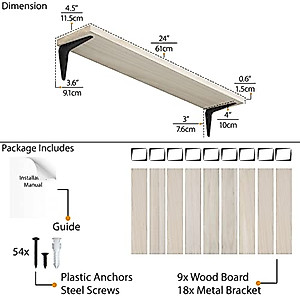 Wallniture Arras 24" Floating Shelves for Wall Storage, Wall Bookshelf Living Room Decor, Wall Shelves for Bedroom & Office, Kitchen Wall Shelf Set of 9, Natural, Wood