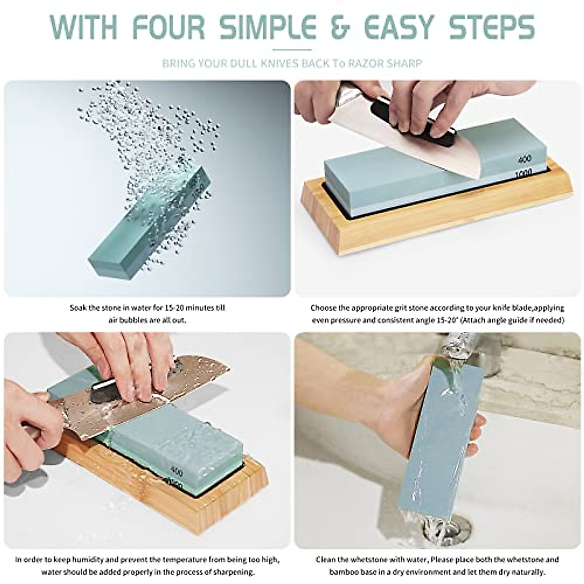 Whetstone Knife Sharpening Stone 4 Side Grit 400/1000 3000/8000 Waterstone, Whetstone Knife Sharpener, Sharpening Stone Whetstone Set with Bamboo Base, Flatting Stone, Angle Guide & Leather Strop