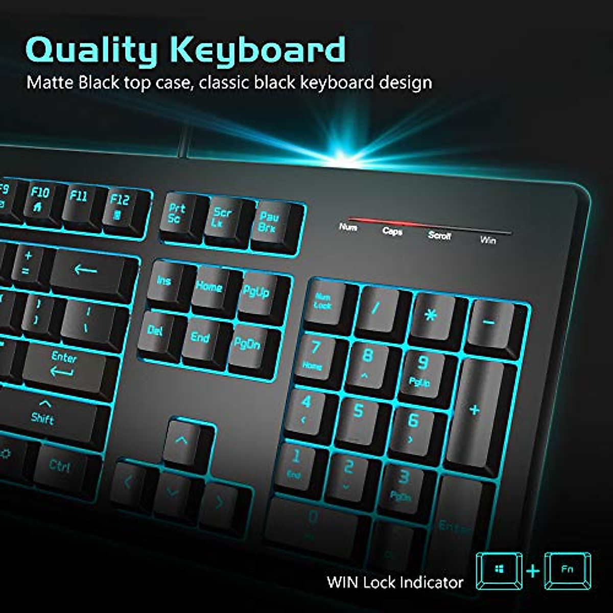 POWZAN Light Up Quiet Gaming Keyboard - Membrane Silent Wired Keyboard with Low Profile Lighted Key for Computer, Windows PC Gamer - Full Size, Black