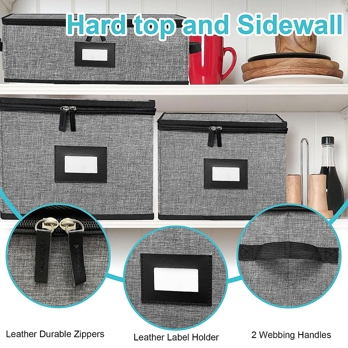 ouruer 5 PACK China Storage Containers-Quilted Mug Storage and Moving Boxes for Dishes,Dish Packing Supplies for Moving,Dinnerware &Accessories,Holds a total of 48 plates (4 sizes) and 12 cups(Grey)