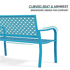 Verano Garden Outdoor Patio Bench Rust-Resistant Metal Park Bench with Armrest, Blue Garden Bench for Yard, Porch, Park, Lawn
