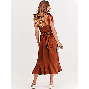 ANRABESS Women's Satin Formal Dress Square Neck Ruffle Split Midi Bridesmaid Dress for Wedding Guest Cocktail Party A1008jiaotang-M Caramel
