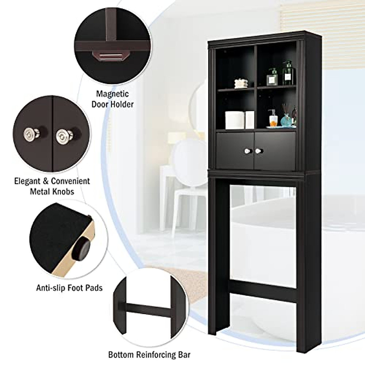 LOKO Over The Toilet Storage Cabinet, 2-Door Tall Bathroom Organizer w/ 4 Open Compartments & Adjustable Shelves, Modern Simple Toilet Space Saver, Ideal for Bathroom Laundry Balcony (Espresso)
