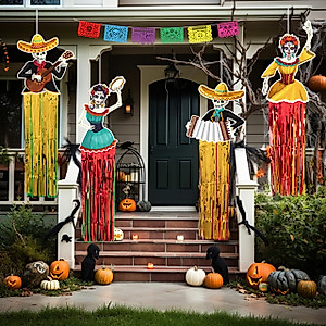 6Pcs Day of The Dead Decorations Sugar Skull Hanging Decor - Dia De Los Muertos Papel Picado Banner Mexican for Halloween Party Home Outdoor Decoration