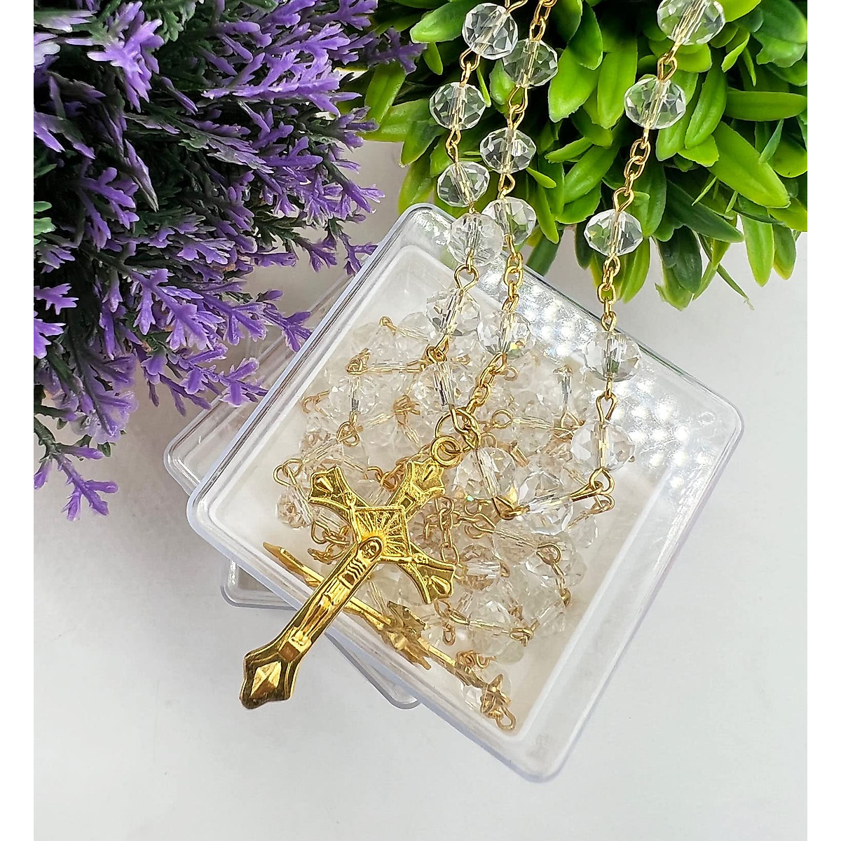 Catholic Our Lady of Guadalupe Crystal Rosary with Medals Rosario De La Virgen De Guadalupe Virgin Mary Prayer Rosary Necklace (White/Gold)