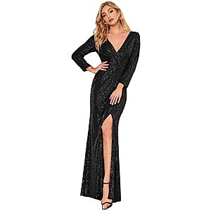 Ever-Pretty Women's Maxi Side Split V-Neck Ruched Dinner Party Dress with Sleeves Black US10