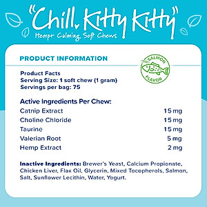 Okoa Pet “Chill, Kitty Kitty” Hemp Calming Supplement for Cats - Cat Anxiety Support Soft Chews for Reduced Stress, Thunder, Travel, & Separation - Salmon Flavor Hemp Treats - Vet Formulated, USA Made