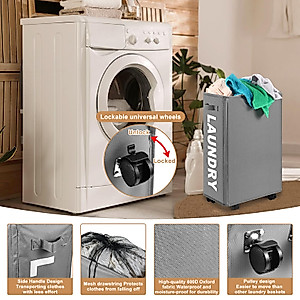 2 Pack Rolling Slim Laundry Basket Laundry Hamper with Wheels and Handle Foldable Waterproof Narrow Corner Clothes Storage Bins Tall Laundry Basket for baby's room/Laundry Room Etc,(42L,Beige+Grey)