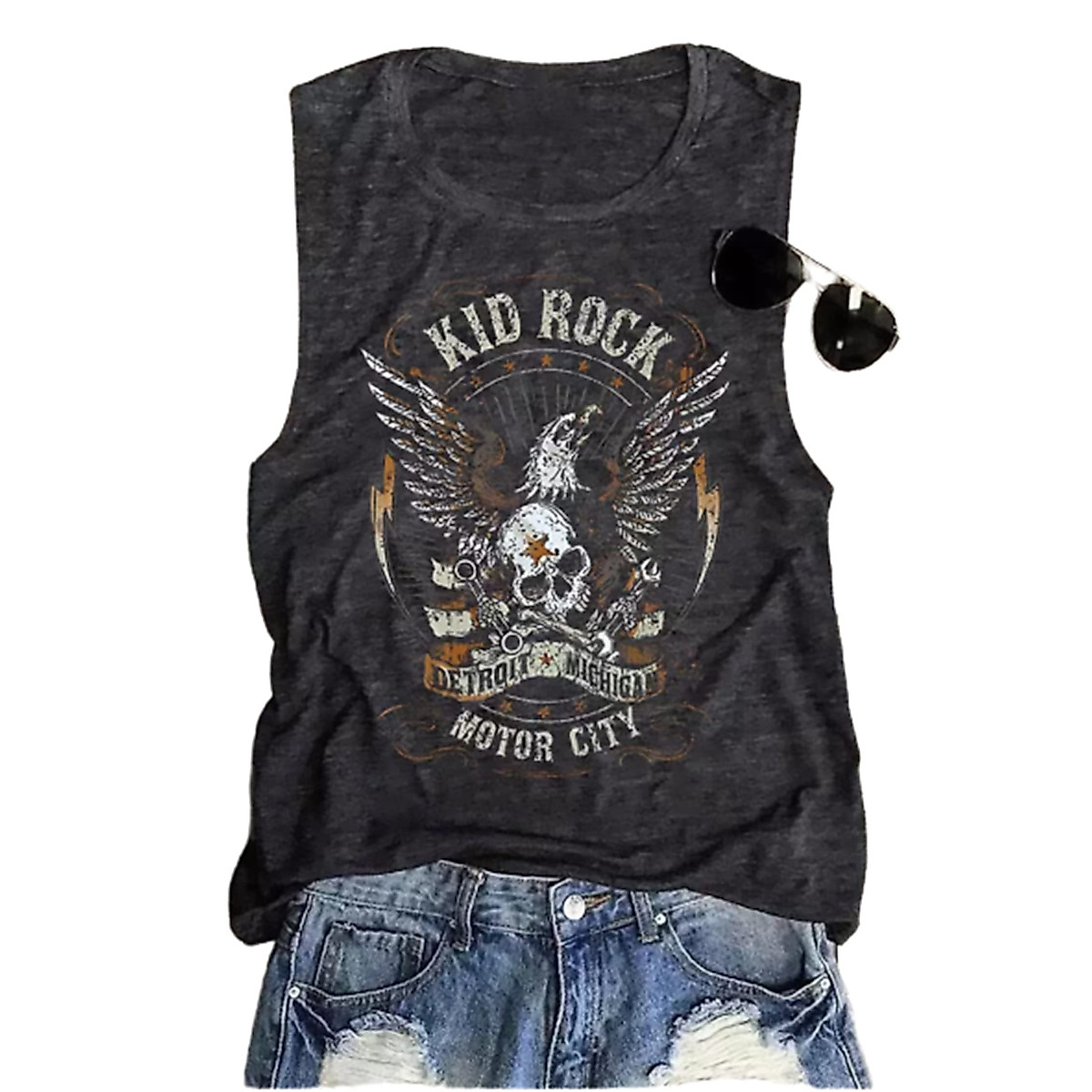Kid Rock Skeleton Eagle Tank Top for Women Vintage Country Music Shirts Summer Sleeveless Graphic Tops(Medium,Grey)