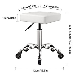 WKWKER Heavy Duty Rolling Stool with Wheels Hydraulic Swivel Adjustable Rolling Stool Ergonomic Thick Leather Rectangle Seat Stool Chair for Kitchen Drafting Lab Office Salon Message Stool – White