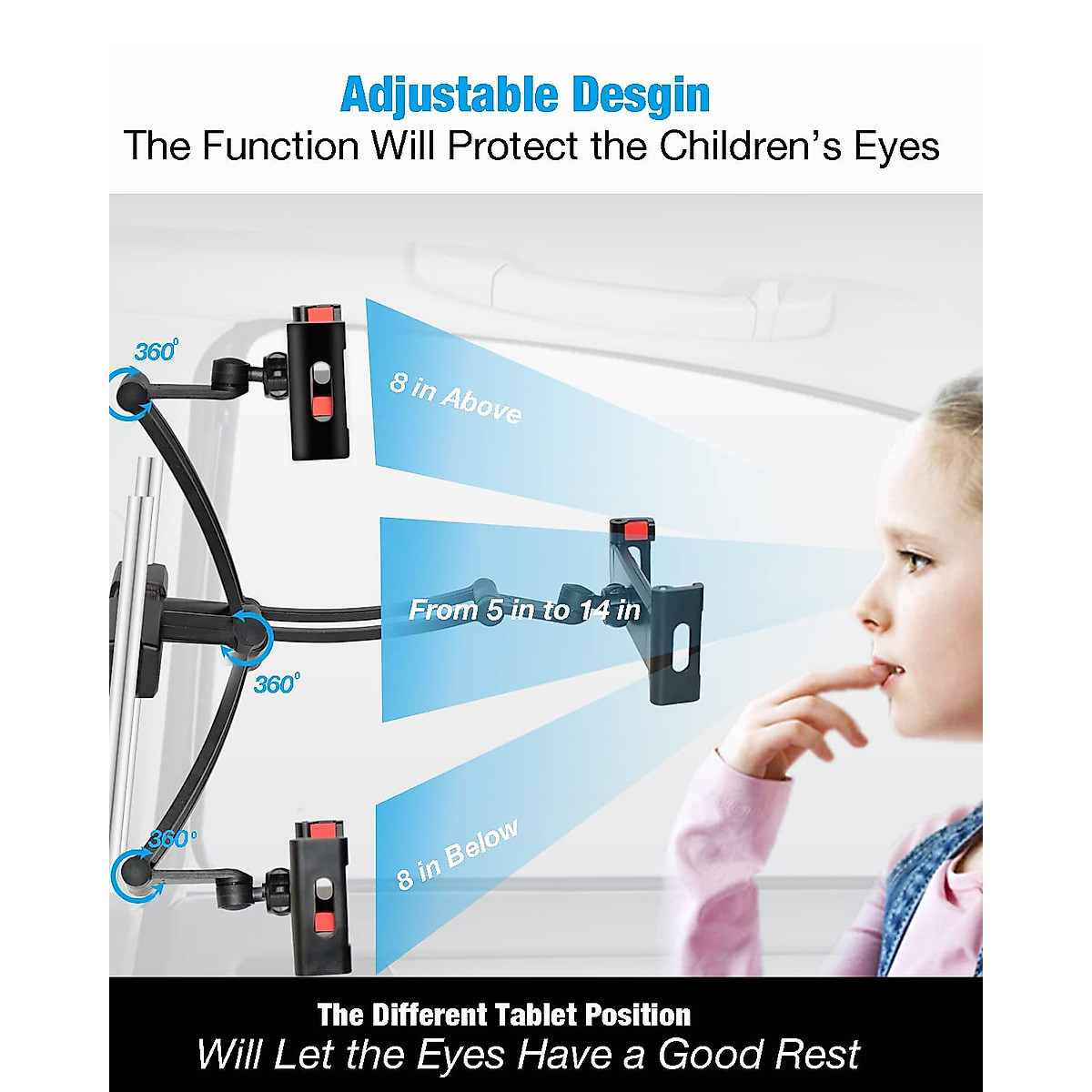 INNOMAX Adjustable Long Arm Tablet Mount, Backseat iPad Holder, 5"-12.5" Devices, Black