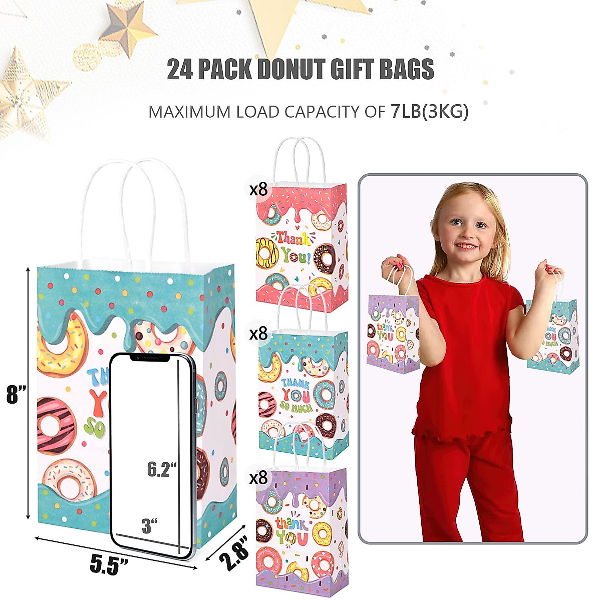 JOHOUSE 24PCS Donut Gift Bags, 5.5x2.8x8 inches Paper Gift Bags with Handles Party Favor Bags Paper Shopping Bags, Birthday Gift Bags, Colorful Retail bags, Recyclable Bags, Thank you Gift Bags