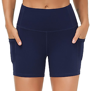 THE GYM PEOPLE High Waist Yoga Shorts for Women's Tummy Control Fitness Athletic Workout Running Shorts with Deep Pockets (Small, Blue)
