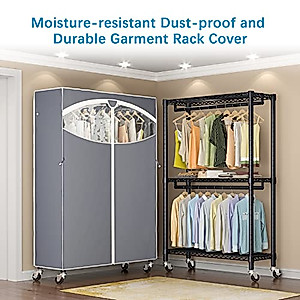 VIPEK R2C Plus Heavy Duty Rolling Garment Rack with Cover Adjustable Clothing Rack for Hanging Clothes Portable Closets with Double Rods, Wardrobe on Wheels, Black Rack with Grey Clear Window Cover