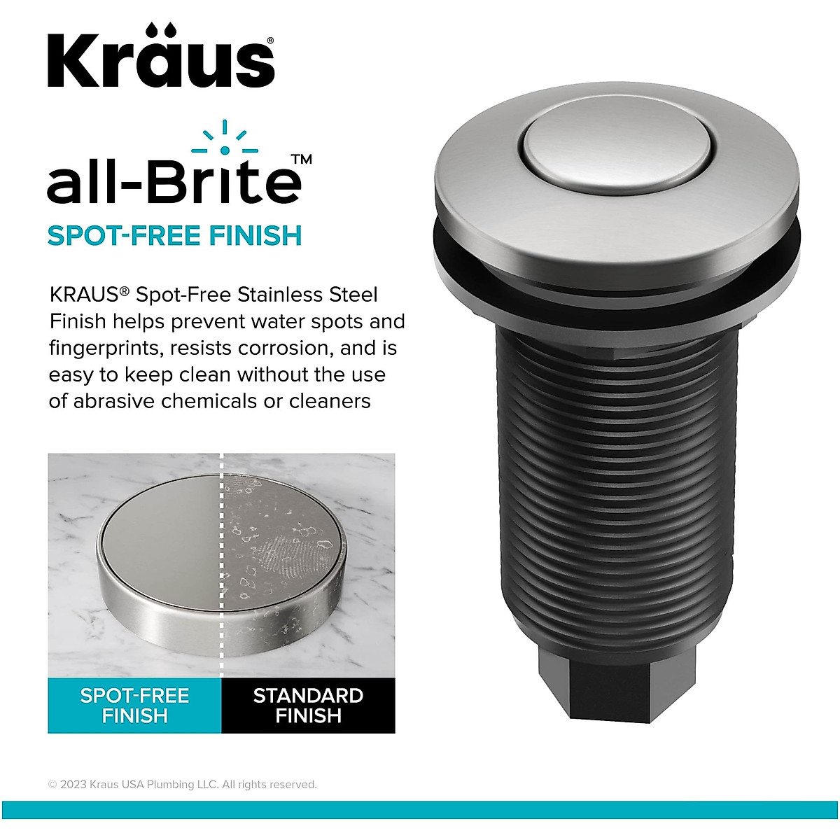 KRAUS Garbage Disposal Air Switch Kit in Spot-Free Stainless Steel with Push Button, AC Adapter, Power Cord, and Air Tube Included, KWDA-100SFS