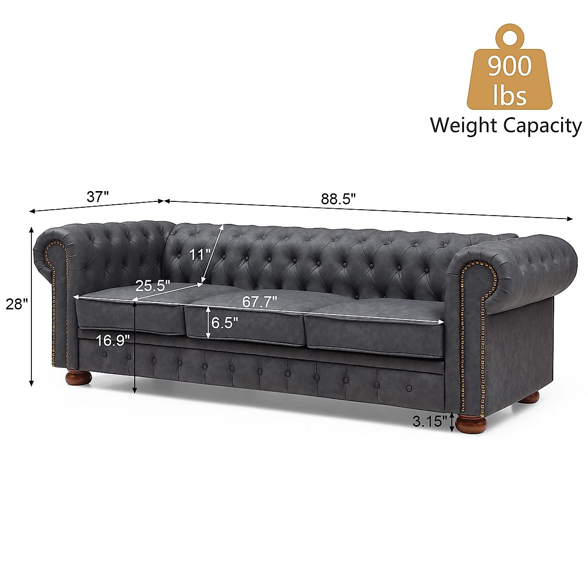 Neylory Leather Couches for Living Room, 3 Seater Classic Chesterfield Sofa Couch with Button Tufted Back and Roll Arms, 88.5-Inch Faux Leather Sofa with Nailhead Trim and Solid Wood Legs