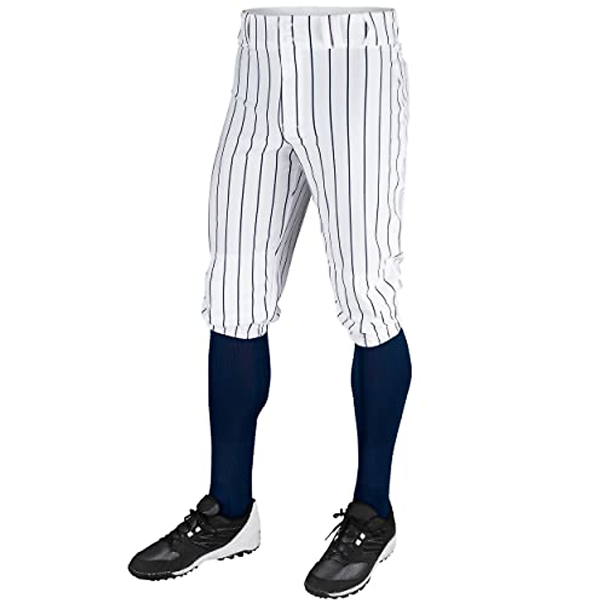 CHAMPRO Triple Crown Knicker Style Baseball Pants with Knit-in Pinstripes and Reinforced Sliding Areas, White,Navy, x-Large