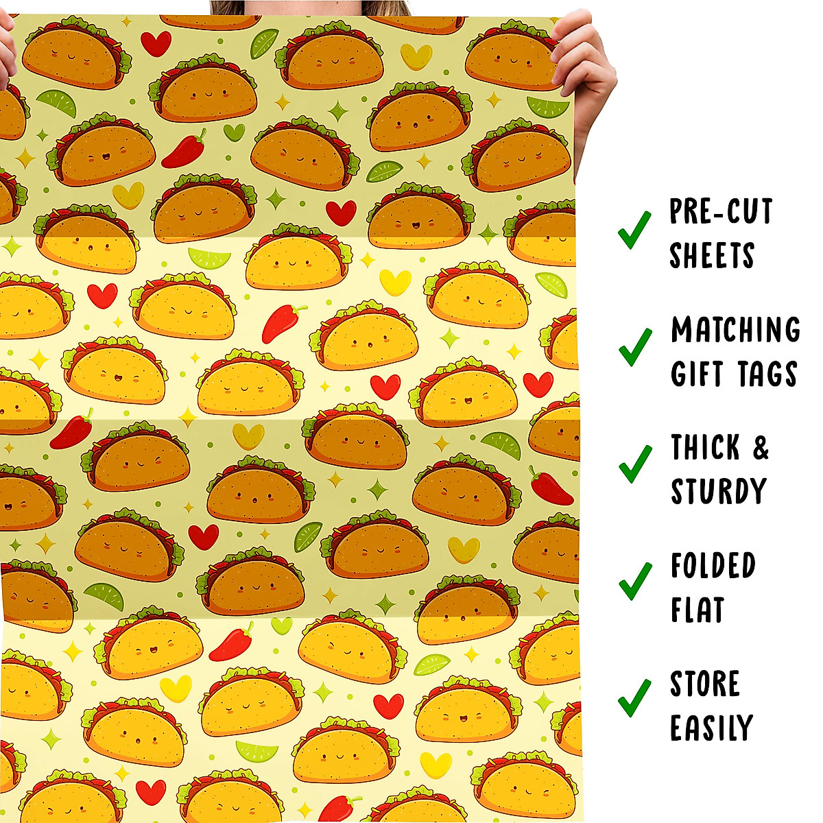 CENTRAL 23 Yellow Wrapping Paper - 6 Sheets of Birthday Gift Wrap - Cute Taco - Mexican Food Themed - For Women Girls Teenagers - Recyclable