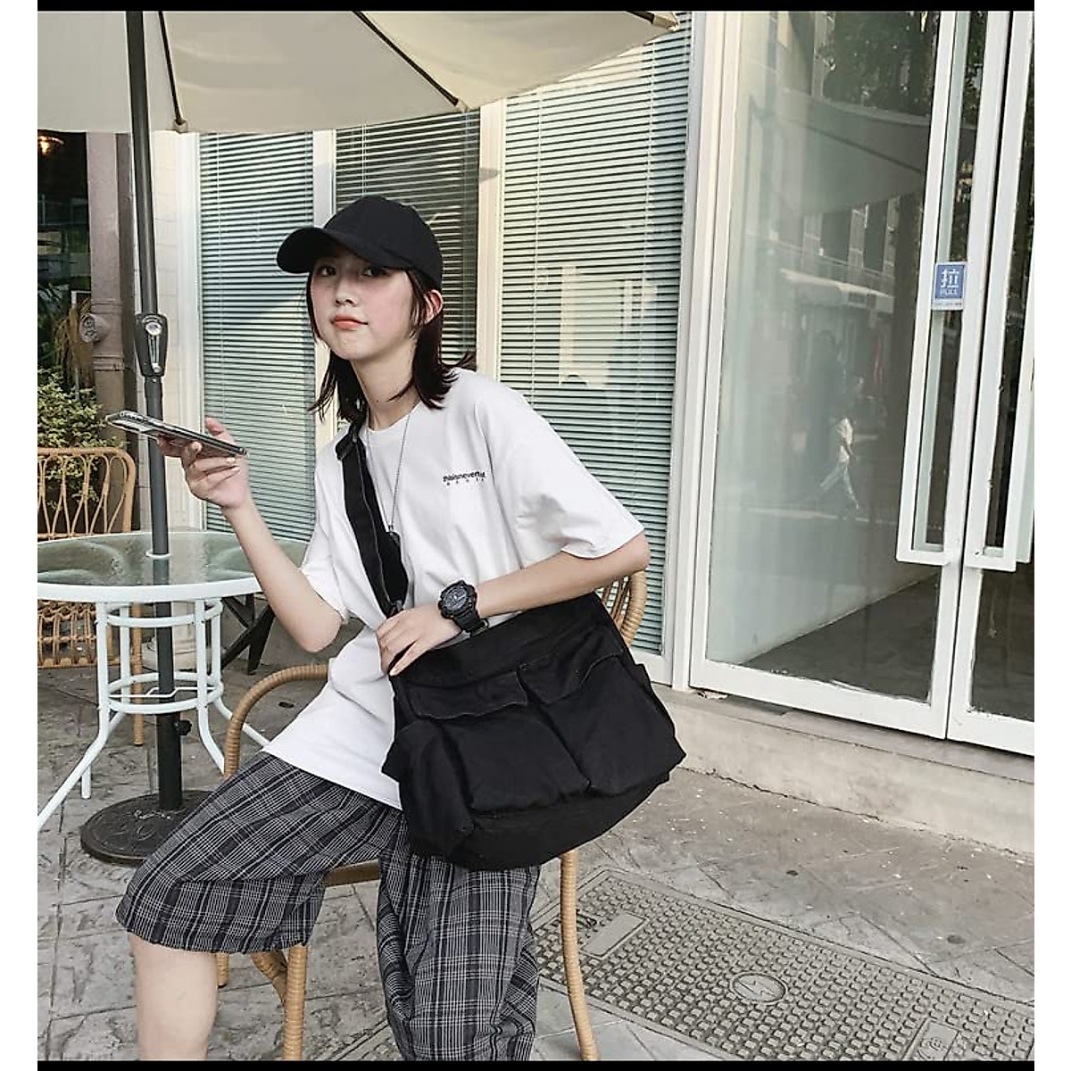 Canvas Messenger Bag Large Crossbody Bag with Multiple Pockets Canvas Shoulder Tote Bag for Women and Men (Black)