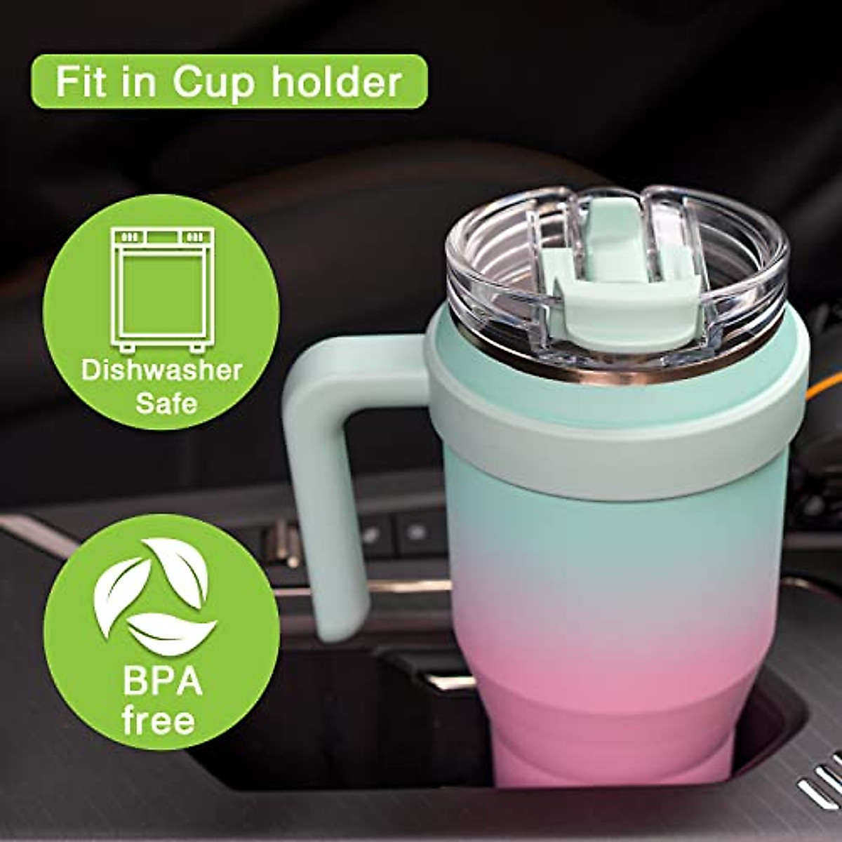 Zukro 40 oz Mug Tumbler With Handle And Flip Straw, Leakproof Vacuum Insulated Stainless Steel Cup Water Bottle with 2-in-1 Lid,Large Travel Mug Fit in Cup Holder, Keeps Cold for 30 Hours, Bubblegum